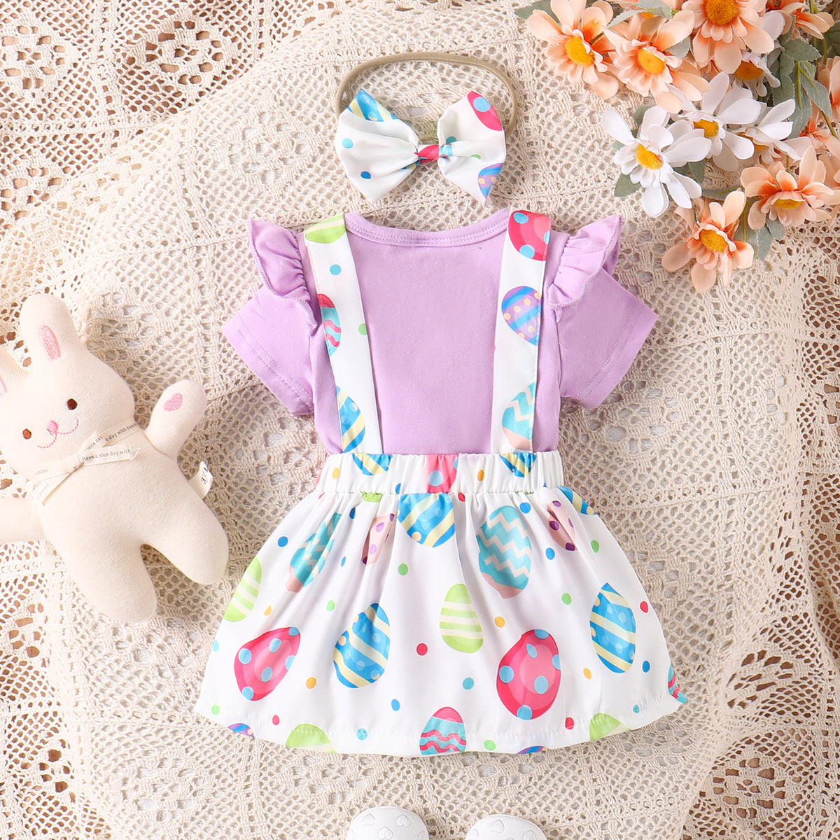 Body lila con volado, pollera de conejo con tirante y vincha – Mi Bebe