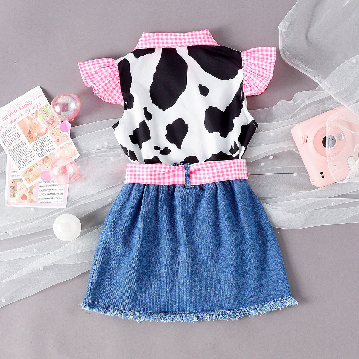 Camisa de vaca con detalles en cuadrille rosa y pollera jeans con cint ...
